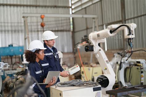 robotics engineer operating robot aided cnc machine in robotics