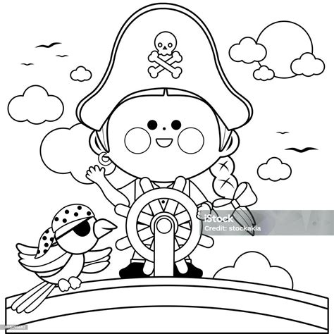 해 적 소녀 선장 운전대 배에 항해 도 서 페이지를 색칠 하는 흑인과 백인 색칠하기에 대한 스톡 벡터 아트 및 기타 이미지 색칠하기 항해 선박 해적 Istock