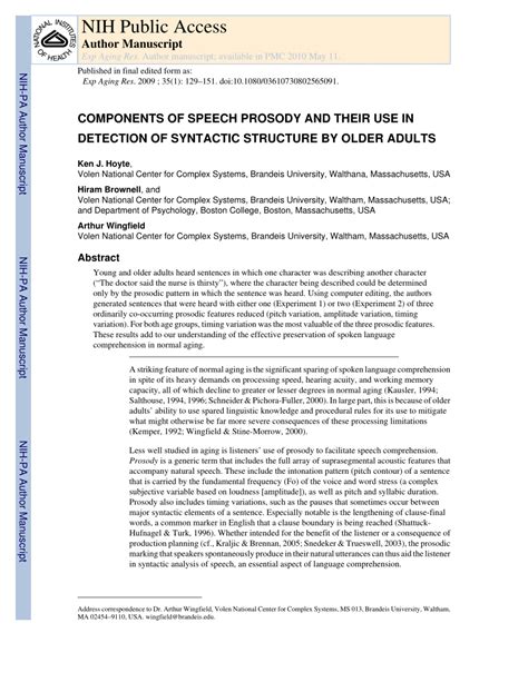 Pdf Components Of Speech Prosody And Their Use In Detection Of Syntactic Structure By Older Adults