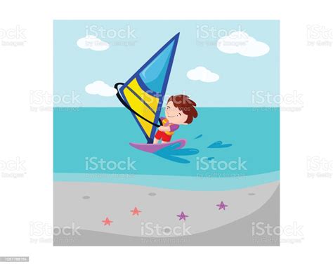 푸른 바다 만화 캐릭터에서에서 윈드서핑을 연주 쾌활 한 소년 경관에 대한 스톡 벡터 아트 및 기타 이미지 경관 계곡