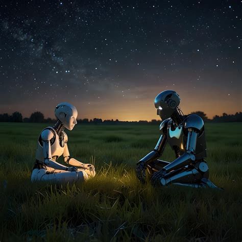 Two Robots Sit In A Field With The Stars In The Background Premium Ai