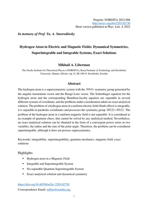 Pdf Hydrogen Atom In Electric And Magnetic Fields Dynamical Symmetries Superintegrable And