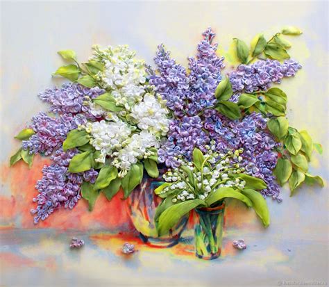 Картина вышитая лентами Сирень и ландыши Ribbon Embroidery Embroidery Flowers Silk Ribbon