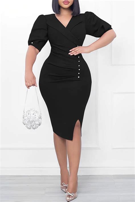 Elegant Half Sleeve Solid Color Lapel Rching Slim Fit Midi Dress