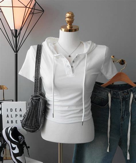 쫀쫀스판옆셔링~핏보장ᰔ또또단추 스냅버튼 반팔후드 또또단추스판반팔후드티 에이블리