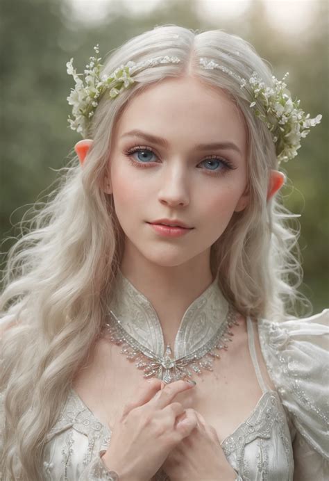 一位身穿白色连衣裙、头戴花冠的金发长发女子 Seaart Ai