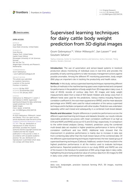 Pdf Supervised Learning Techniques For Dairy Cattle Body Weight Prediction From 3d Digital Images