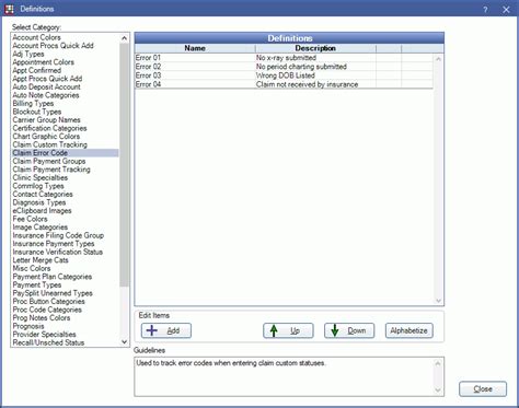 open dental software definitions claim error code
