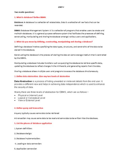 Dbms Database Management System Unit I Two Marks Questions What Is