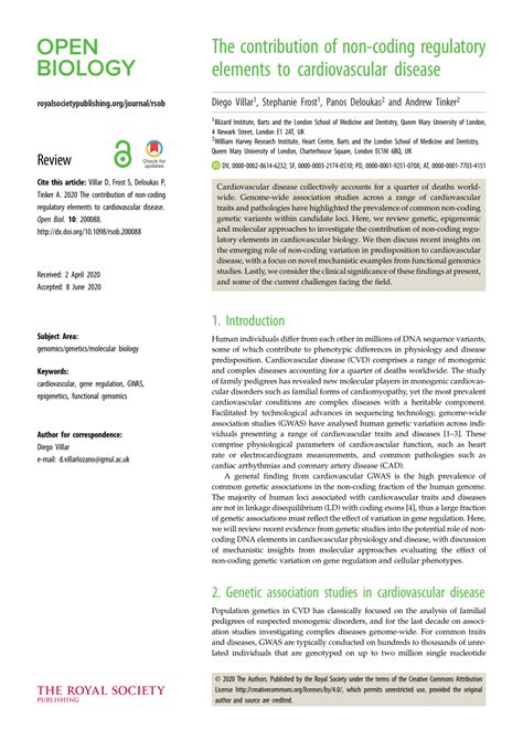 PDF The Contribution Of Non Coding Regulatory Elements To Cardiovascular Disease