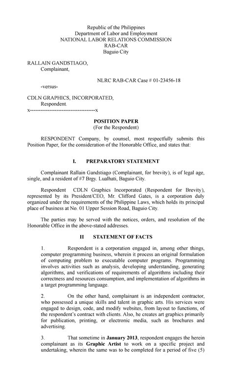Sample Position Paper In A Labor Case Philippines Legal Forms Uc