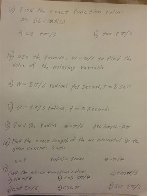 solved find the exact function value no decimals cos 7