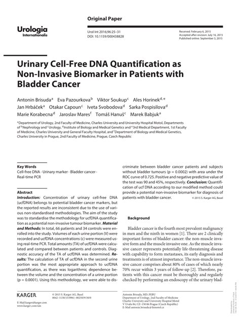Pdf Urinary Cell Free Dna Quantification As Non Invasive Biomarker In Patients With Bladder Cancer