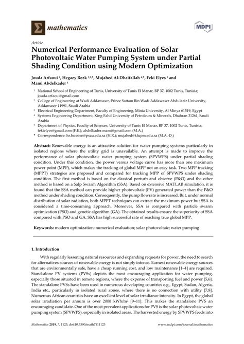 Pdf Numerical Performance Evaluation Of Solar Photovoltaic Water