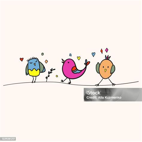 전선에 앉아 재미 다채로운 새 작은 만화 새와 색상 플랫 벡터 일러스트 귀여운 캐릭터 카드 어린이를위한 엽서 만화에 대한 스톡 벡터 아트 및 기타 이미지 Istock