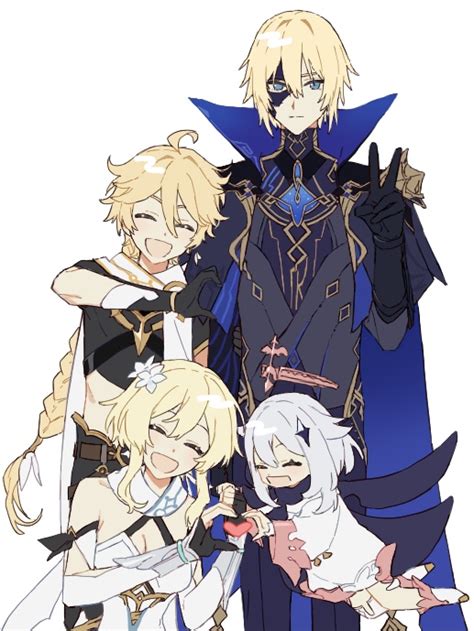 lumine, aether, paimon, and dainsleif (genshin impact) drawn by poi ...