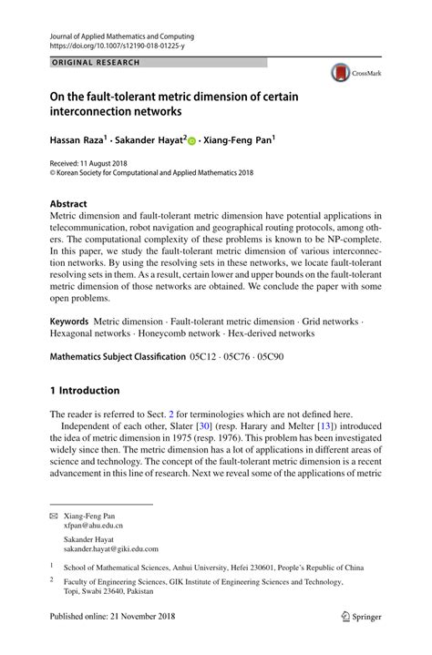 Pdf On The Fault Tolerant Metric Dimension Of Certain Interconnection Networks