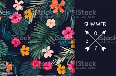 열 대 야 자 나뭇잎과 히 비 스커 스 꽃으로 여름 다채로운 하와이 벡터 전단지 디자인 열대 기후에 대한 스톡 벡터 아트 및 기타 이미지 열대 기후 꽃 식물 이국적임