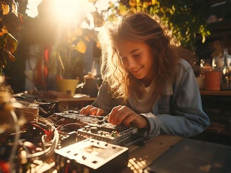 Premium Ai Image A Young Girl Debugging Homemade Electronics