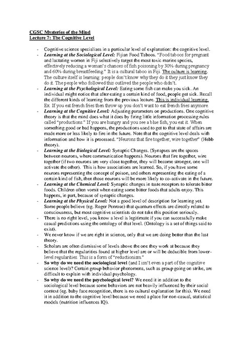 Cgsc Mysteries Of The Mind Notes Lecture 7 Cgsc Mysteries Of The Mind