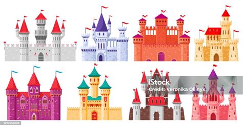 만화 중세 성 동화 속 중세 타워 역사적인 왕국 성 고대 요새 성 만화 벡터 일러스트 세트 0명에 대한 스톡 벡터 아트 및 기타 이미지 Istock