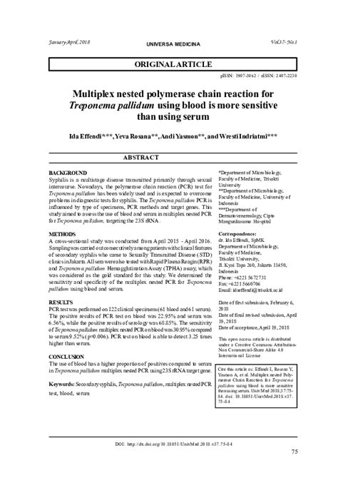 Pdf Multiplex Nested Polymerase Chain Reaction For Treponema Pallidum