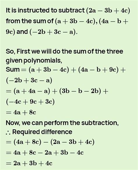 Subtract (2a - 3b + 4c) from the sum of (a + 3b-4c). (4a - b +9c) and (-2b +3c-a). from the sum ...