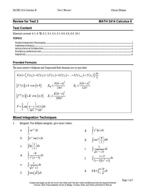 Test 2 Review Math 2414 Pdf Integral Calculus
