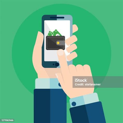 스마트폰 화면에 지갑 앱 페이지 핸드 홀드 스마트폰 손가락 터치 스크린 모바일 지갑 계정 웹 배너 웹 사이트 인포그래픽에 대한 최신 개념 크리에이티브 플랫 디자인 벡터