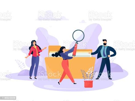 비즈니스 사람들은 파일을 찾고 있습니다 폴더와 점원이있는 사람들은 돋보기를 사용합니다 플랫 스타일의 만화 캐릭터 검색에 대한 스톡 벡터 아트 및 기타 이미지 Istock