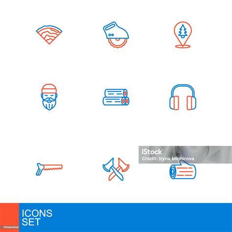 세트 라인 나무 통나무 도끼 손톱 헤드폰 벌목꾼 숲의 위치 및 전기 원형 아이콘 벡터 0명에 대한 스톡 벡터 아트 및 기타 이미지 Istock