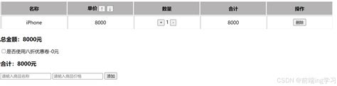 用vue实现购物车功能！！！使用vue实现上图效果商品名称商品单价购买数量操作1iphone61881移除2iphone761 Csdn博客