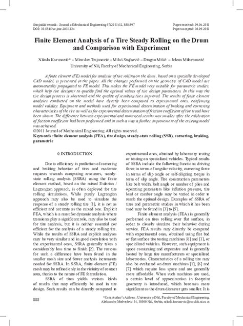 Pdf Finite Element Analysis Of A Tire Steady Rolling On The Drum And