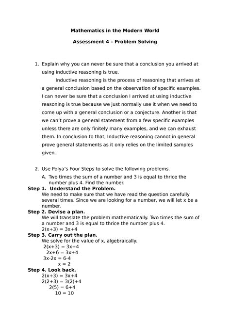 Mmw Lesson 3 Problem Solving Mathematics In The Modern World Assessment 4 Problem Solving