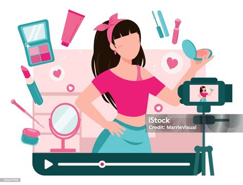그녀의 브이로그를 위한 메이크업 튜토리얼 비디오를 녹화하는 뷰티 블로거 인플루언서에 대한 스톡 벡터 아트 및 기타 이미지 인플루언서 콘텐츠 제작 벡터 Istock