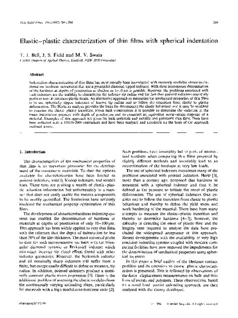 Pdf Elastic Plastic Characterization Of Thin Films With Spherical Indentation Michael Swain