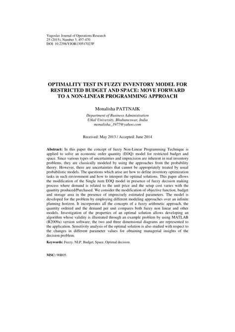 Pdf Optimality Test In Fuzzy Inventory Model For Restricted Budget And Space Move Forward To