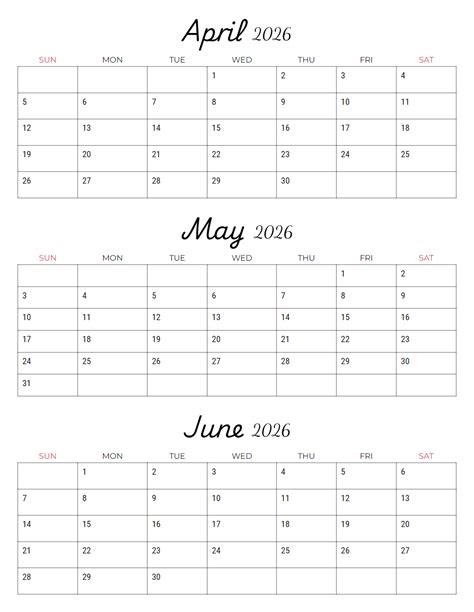 Free Printable April To June 2026 Calendar Quarter 2