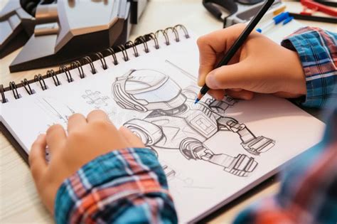 Pupil Drawing A Robotic Design Sketch In A Notebook Stock Image Image Of Design Sketching