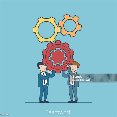 Gearwheels를 들고 선형 평면 사업가 벡터 일러스트 레이 션 팀워크 개념입니다 기어 기계 부분에 대한 스톡 벡터 아트 및 기타 이미지 기어 기계 부분 기업
