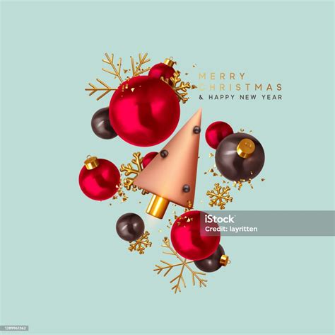 메리 크리스마스와 새해 복 많은 새해 현실적인 3d 개체 검은 색과 빨간색 Bauble 공 원물 금속 크리스마스 트리와 크리스마스 축제 배경 골드 눈송이 레위션 떨어지는