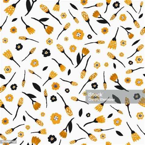 꽃과 흰색 바탕에 검정색과 노란색 색상의 나뭇잎과 완벽 한 패턴입니다 손으로 그린 직물 선물 포장 벽 예술 디자인입니다 유행 그래픽 그림입니다 0명에 대한 스톡 벡터 아트