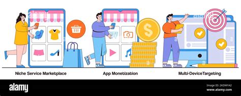 Niche Service Marketplace App Monetization Multi Device Targeting Concept With Tiny People