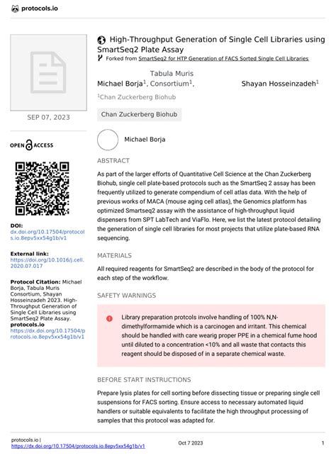 Pdf High Throughput Generation Of Single Cell Libraries Using Smartseq2 Plate Assay V1