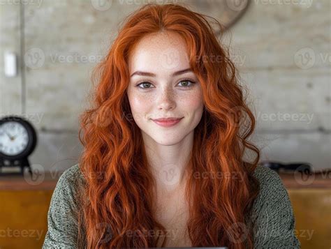 Beautiful Redhead Woman With Freckles Smiling At The Camera 54349315