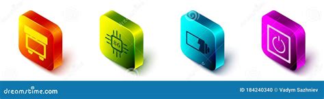 Set Isometric Fuse Processor With Microcircuits Cpu Battery Charge Level Indicator And