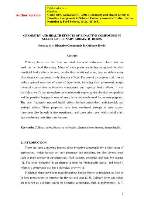 Pdf Chemistry And Health Effects Of Bioactive Compounds In Selected Culinary Aromatic Herbs