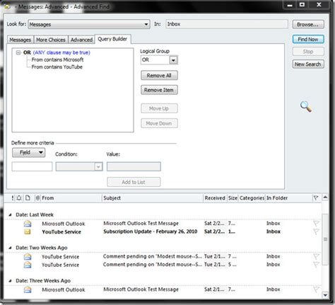 Outlook 2010 Advanced Search Query Builder