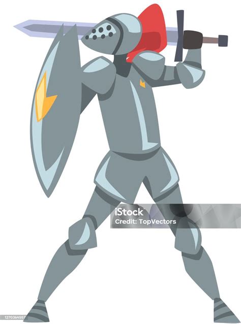 방패와 검으로 싸우는 중세 기사 전체 금속 바디 갑옷 만화 스타일 벡터 일러스트레이션의 기병 전사 캐릭터 강철에 대한 스톡 벡터
