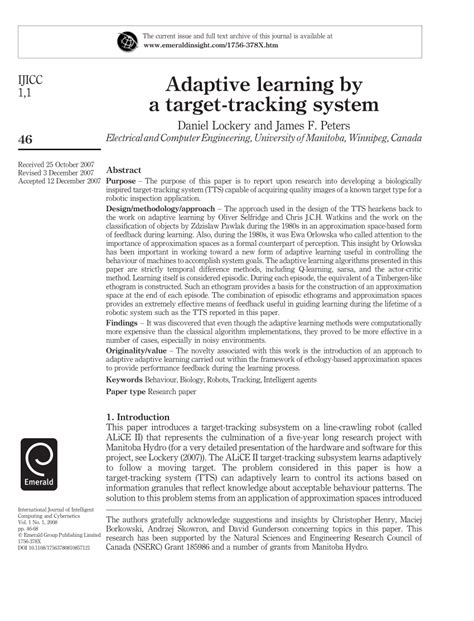 PDF Adaptive Learning By A Target Tracking System